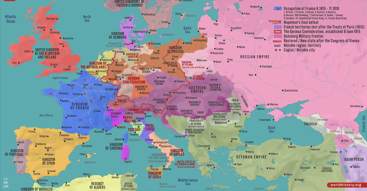 Map of Europe after the Congress of Vienna, 1815 - World History ...