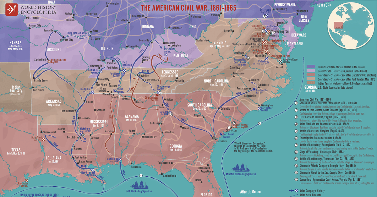 Map of the American Civil War, 1861-1865 - World History Encyclopedia