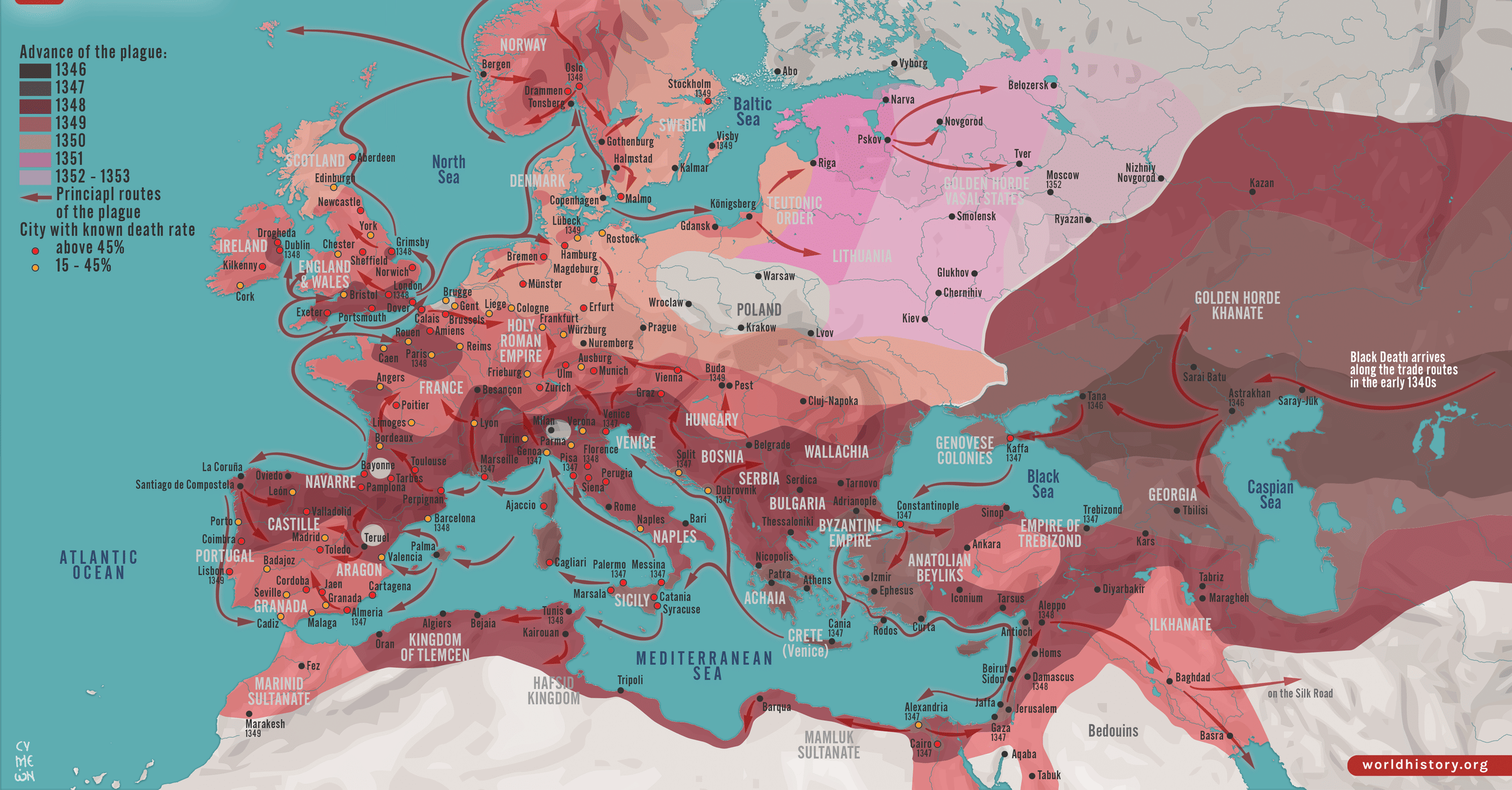 Map of the Spread of the Plague in Europe, 1346 - 1353 - World History ...