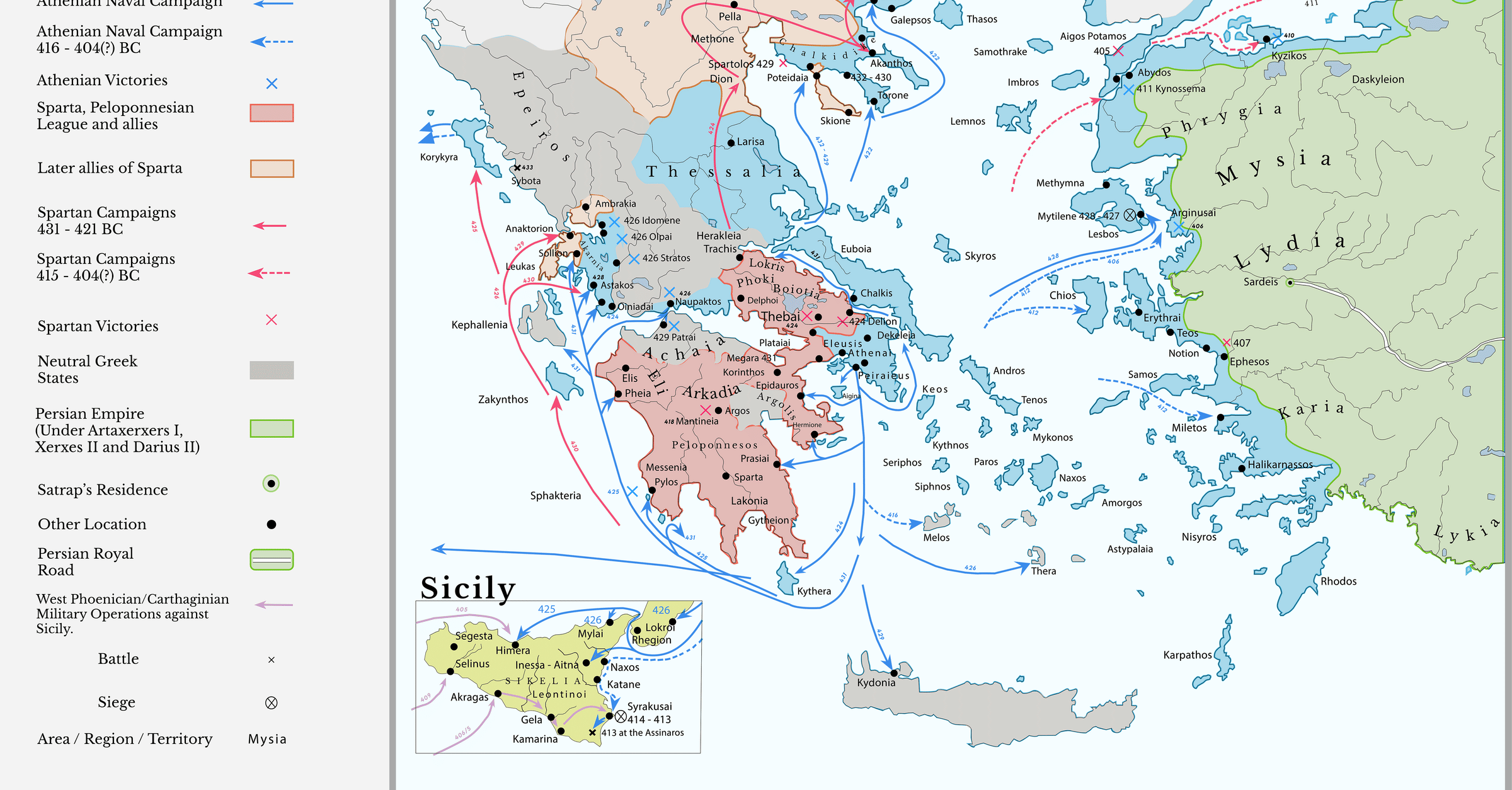 Map of the Peloponnesian Wars (431-404 BCE) - World History Encyclopedia