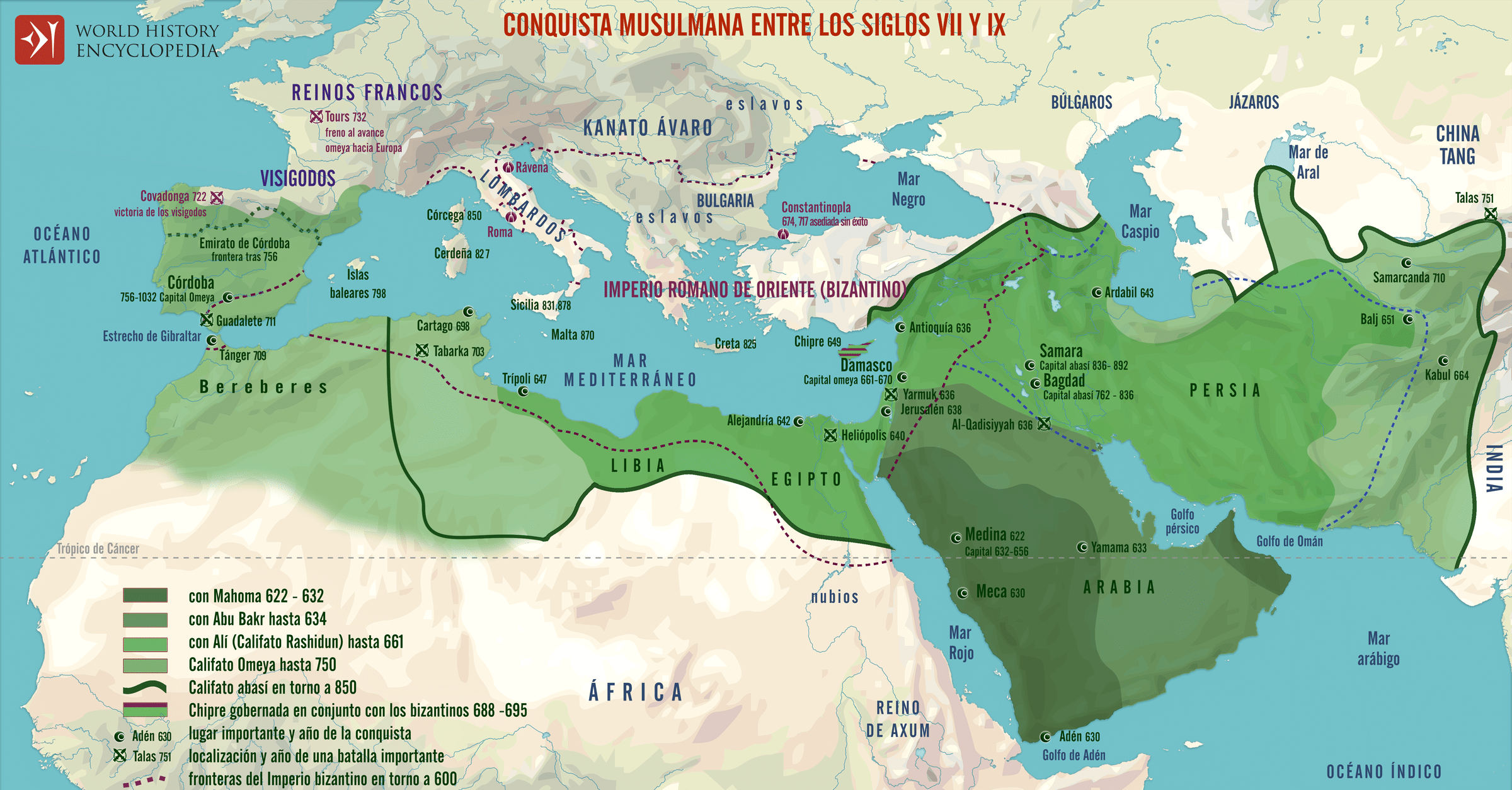 Mapa de las conquistas musulmanas entre los siglos VII y IX ...