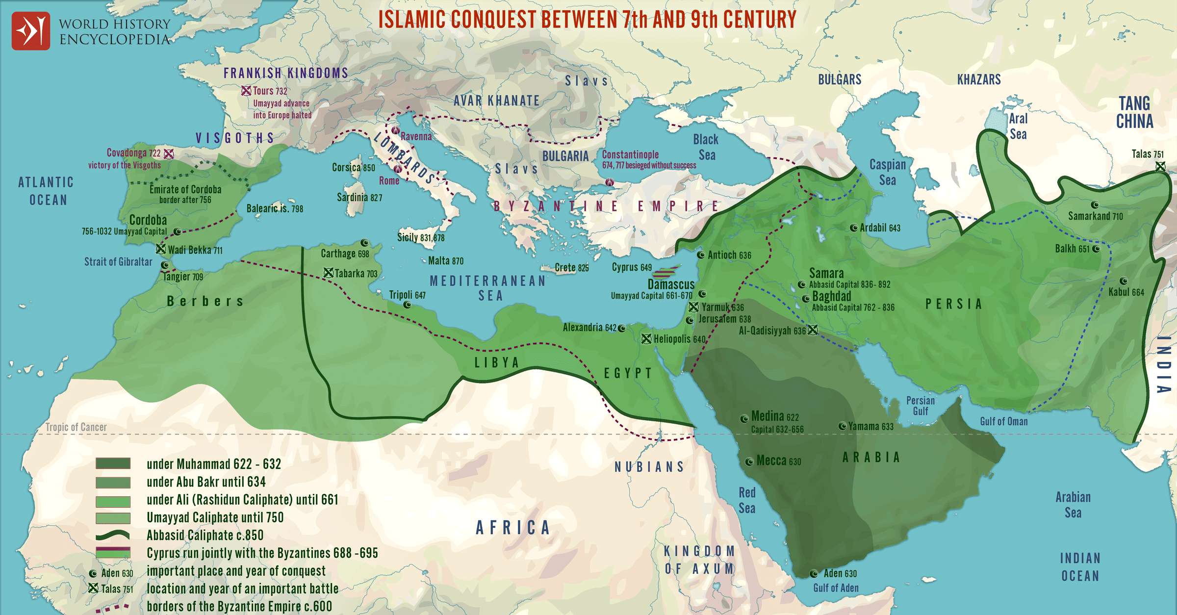 Map of the Islamic Conquests in the 7th-9th Centuries - World History ...