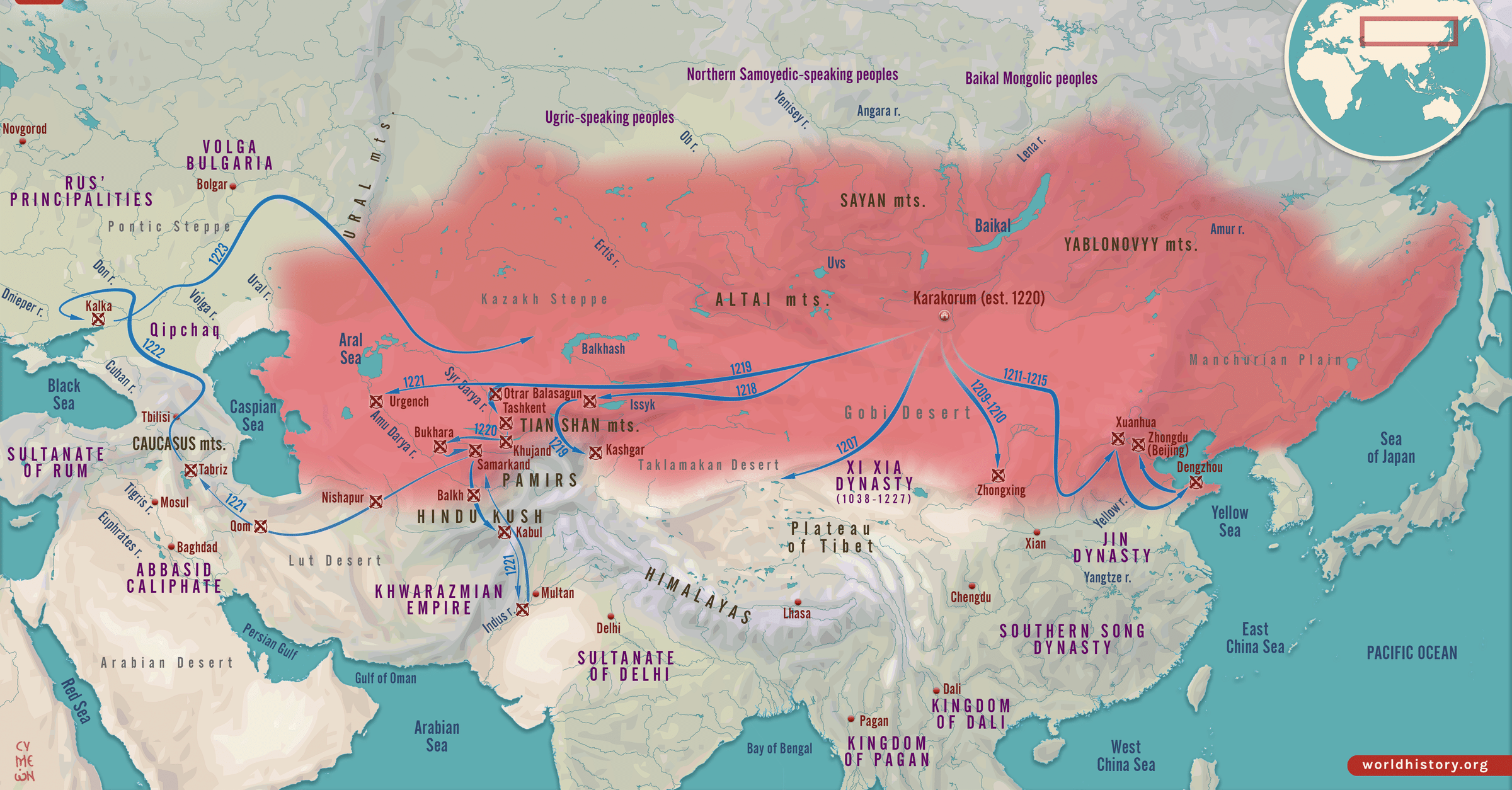 Map of the Mongol Empire: Conquests of Genghis Khan 1206-27: From ...