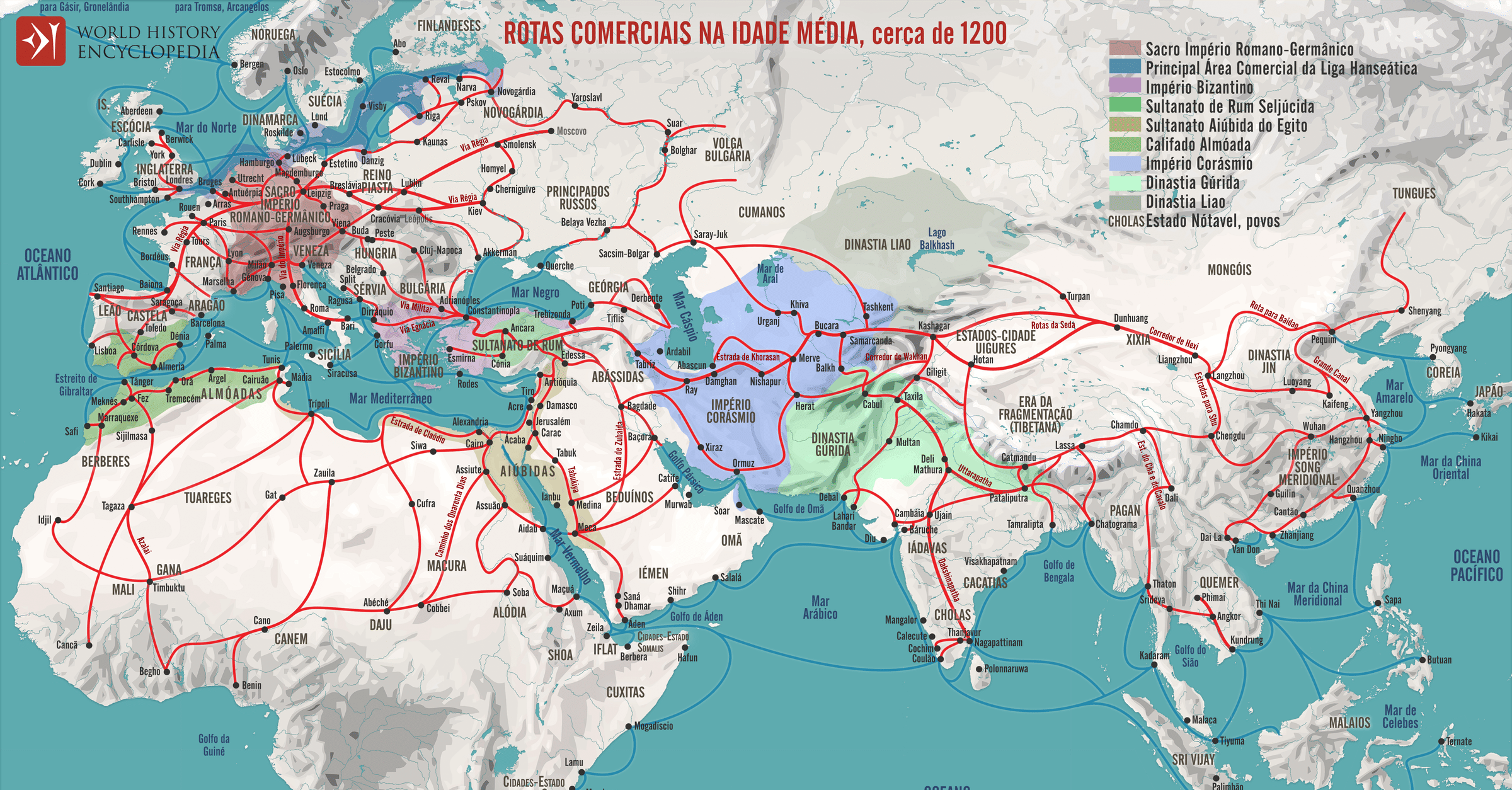 Mapa das Rotas Comerciais na Idade Média, cerca de 1200 - World History ...