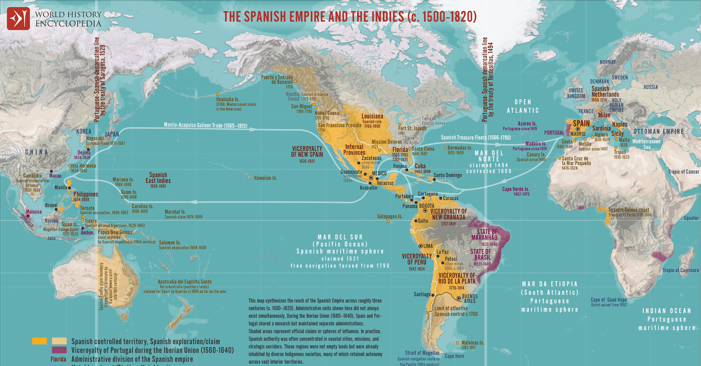 Map of the Spanish Empire and the Indies (c. 1500-1820) - World History ...