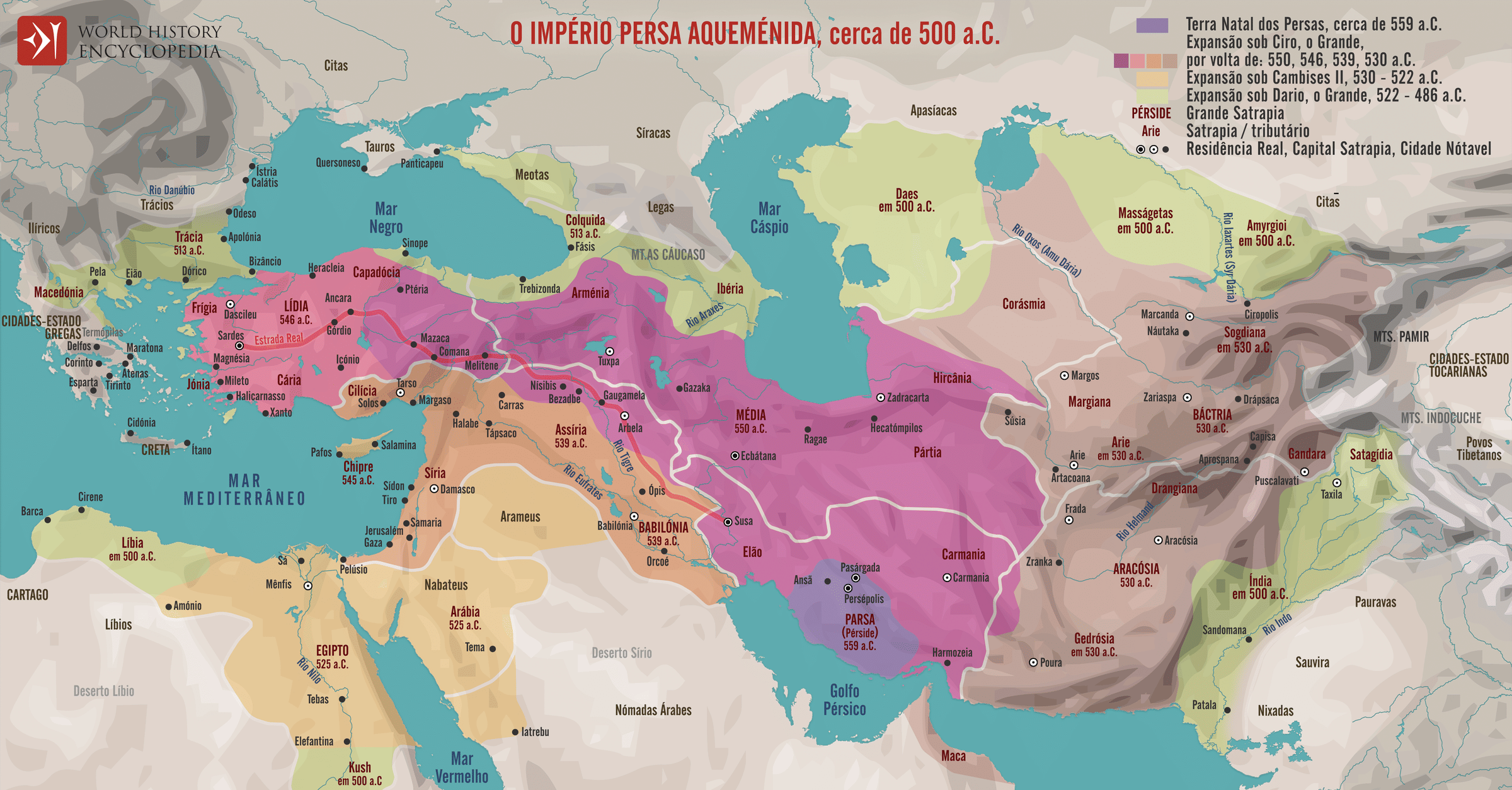 Mapa do Império Persa Aqueménida, cerca de 500 a.C. - World History ...