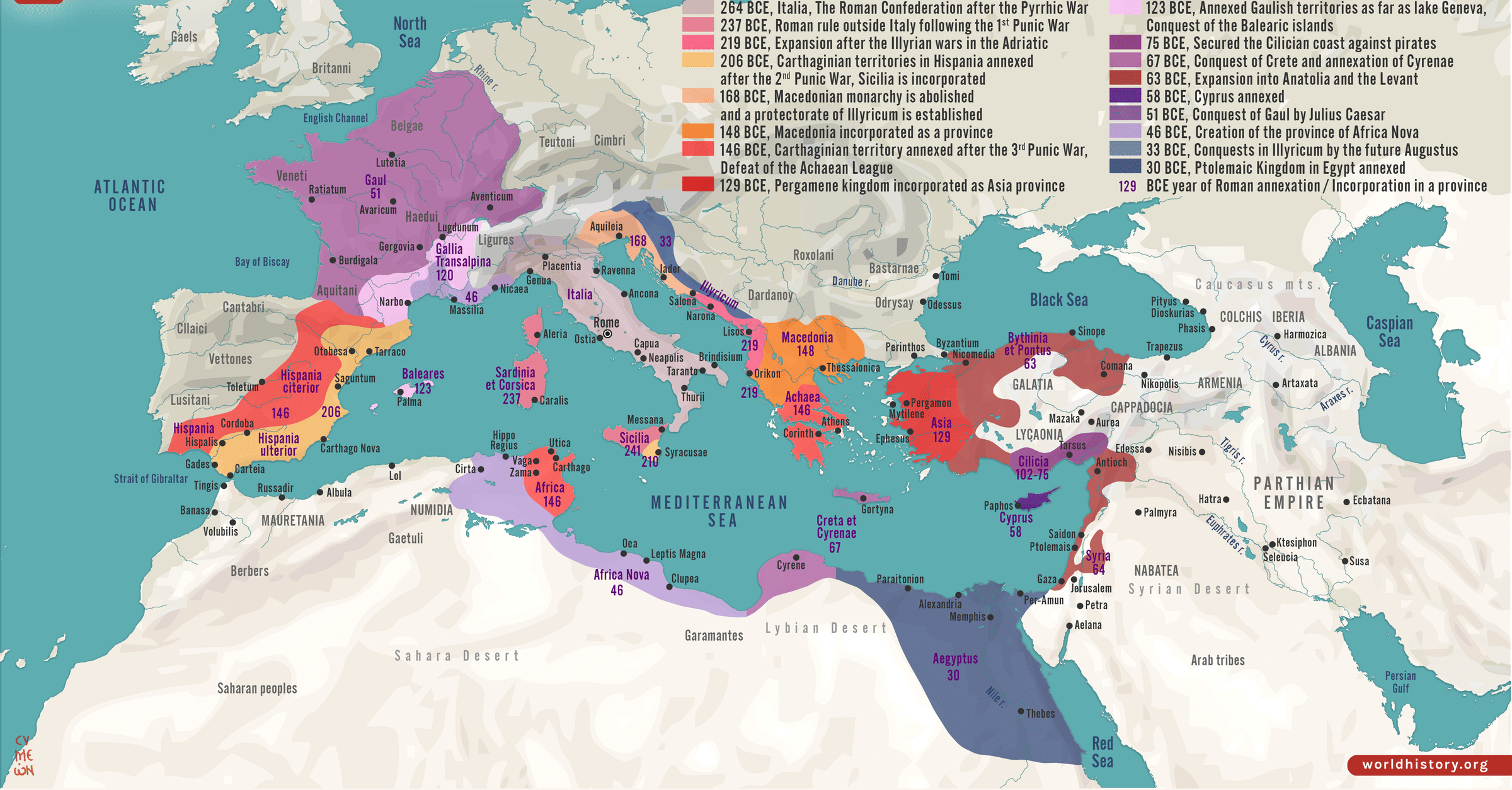 Map of the Expansion of the Roman Republic (c. 260 - 30 BCE) - World ...
