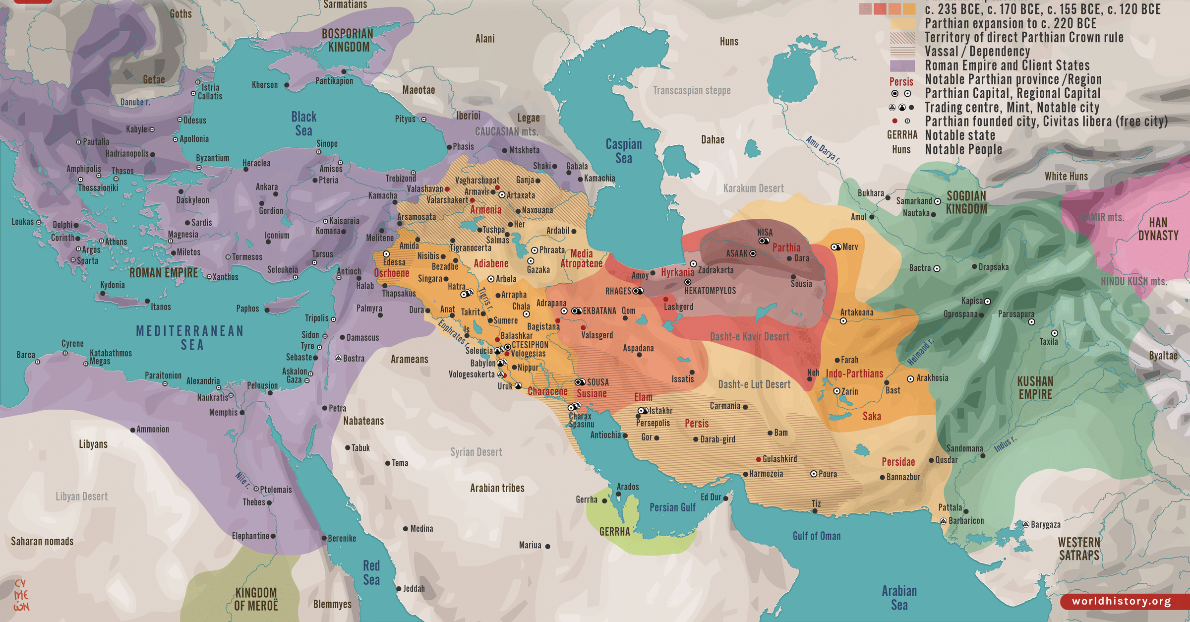 Map of the Parthian Empire in the 2nd Century - World History Encyclopedia
