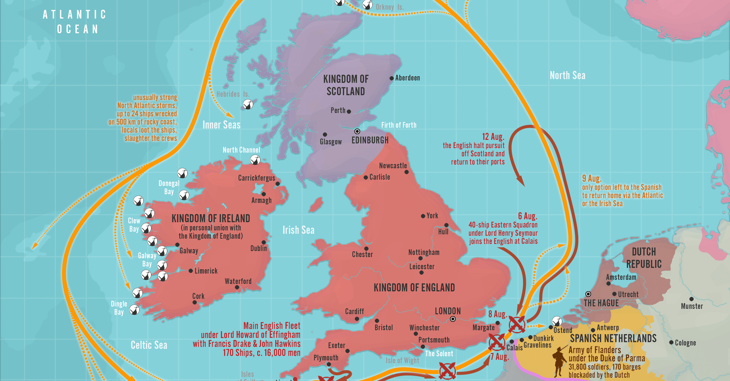 Map of the Route of The Spanish Armada, Jul-Sep 1588 - World History ...
