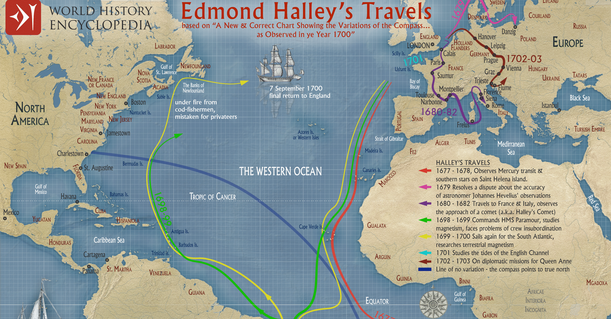 Map of the Scientific Voyages of Edmond Halley (c.1676–1721) - World ...