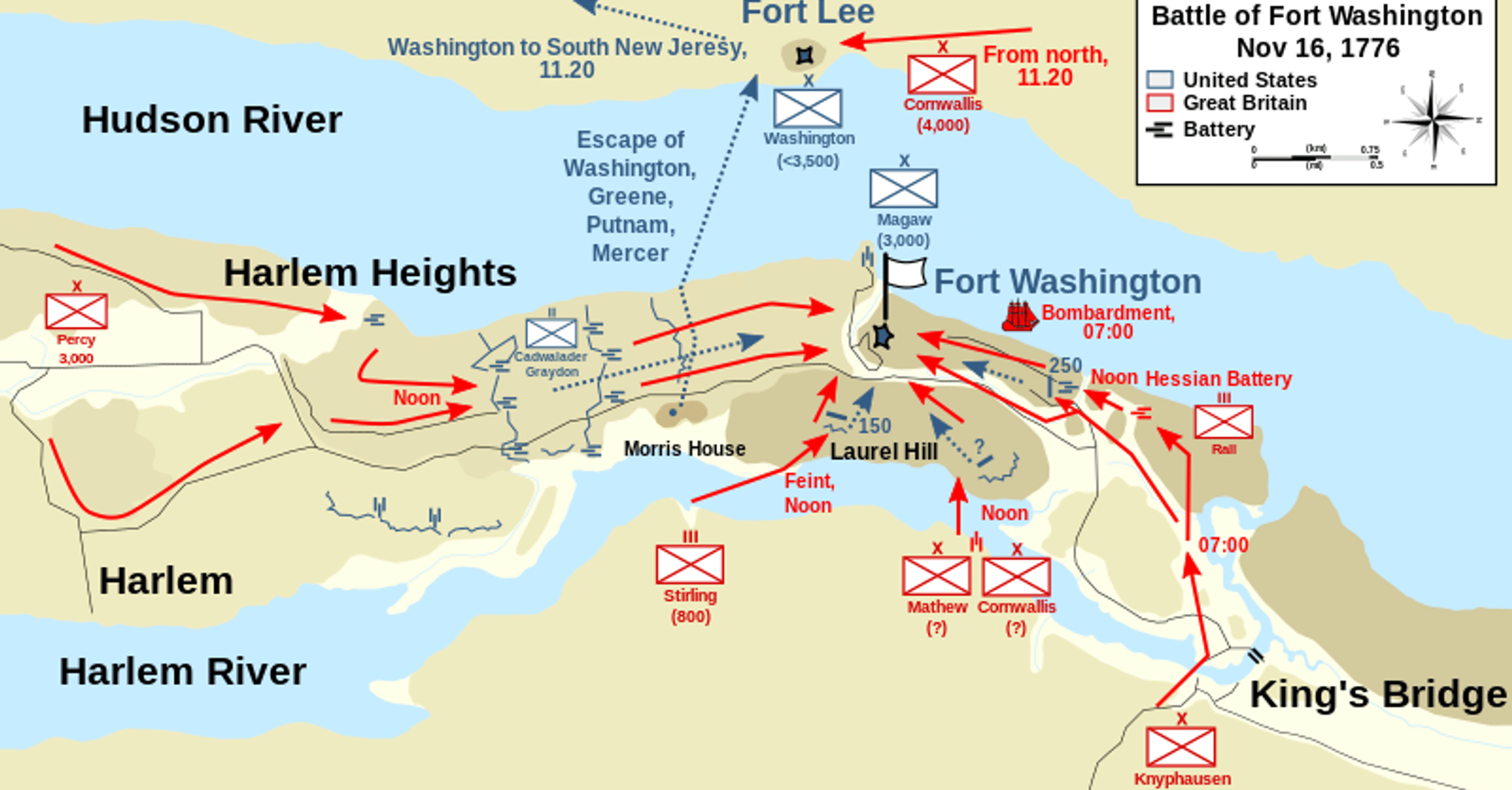 Map of the Battle of Fort Washington, 16 November 1776 - World History ...