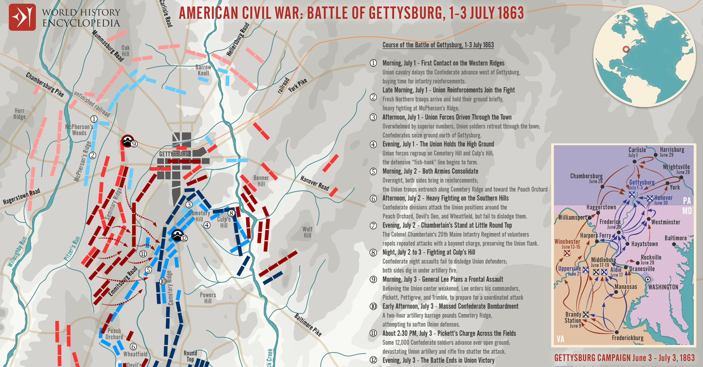Map of Battle of Gettysburg during the American Civil War - World ...