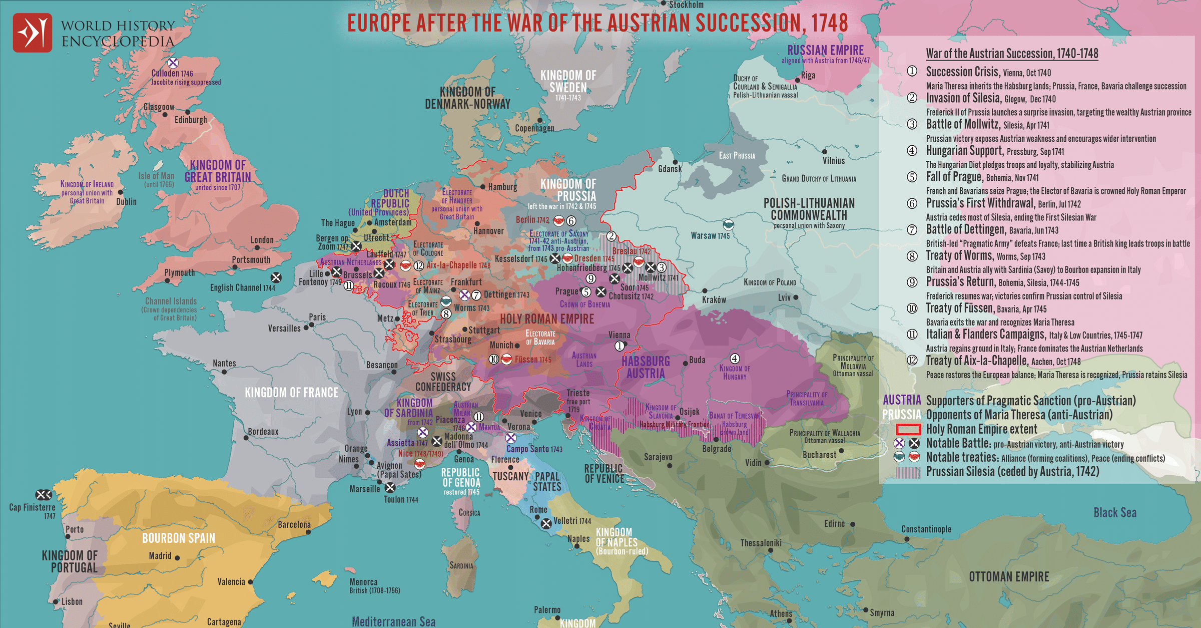 Map of Europe after the War of the Austrian Succession, 1748: Dynastic ...